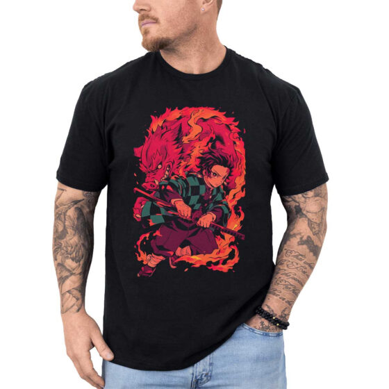 Polera Anime Negra Diseño Tanjiro Kamado Aliento De Llama - Unika